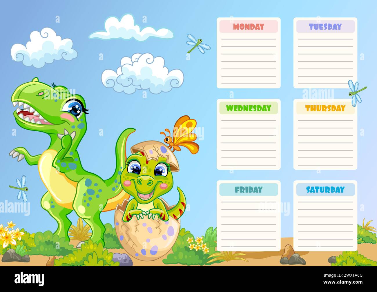 Kids school schedule weekly planner with dinosaurs vector Stock Vector ...