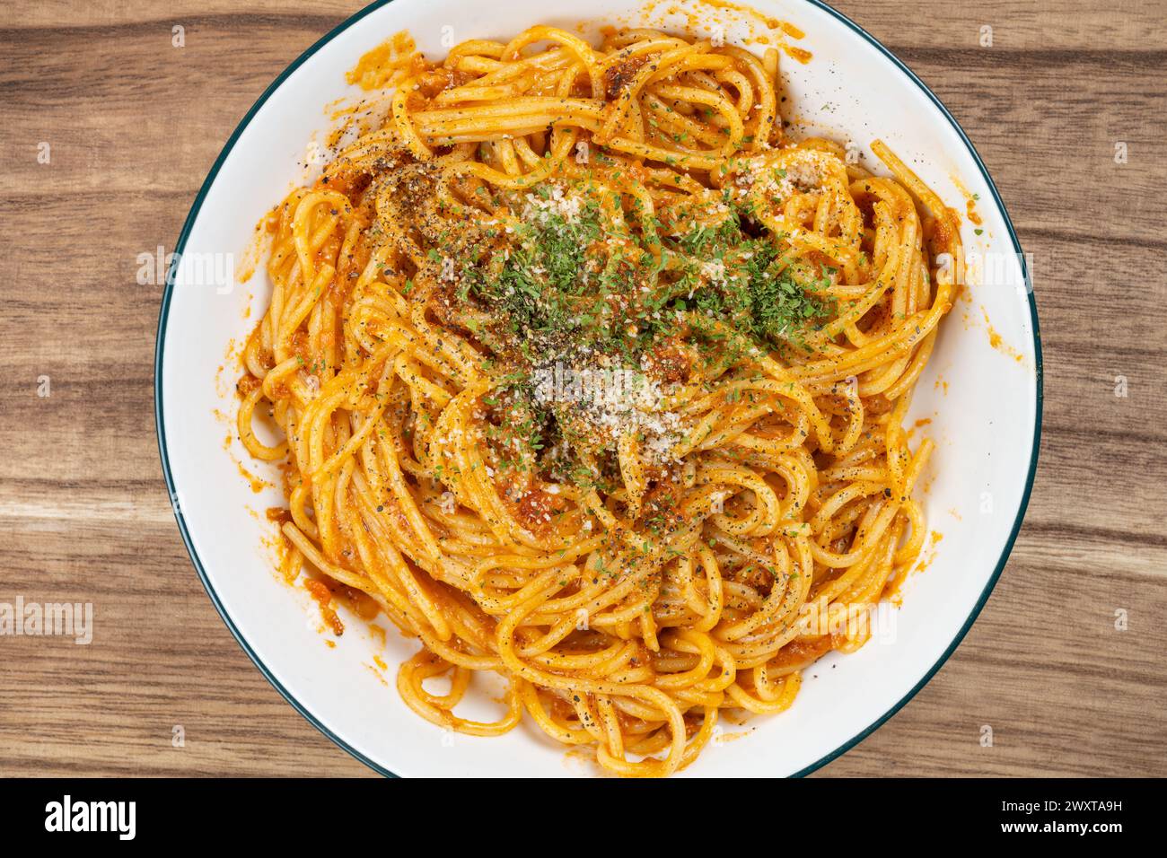top view tomato bolognese spaghetti at horizontal composition Stock ...