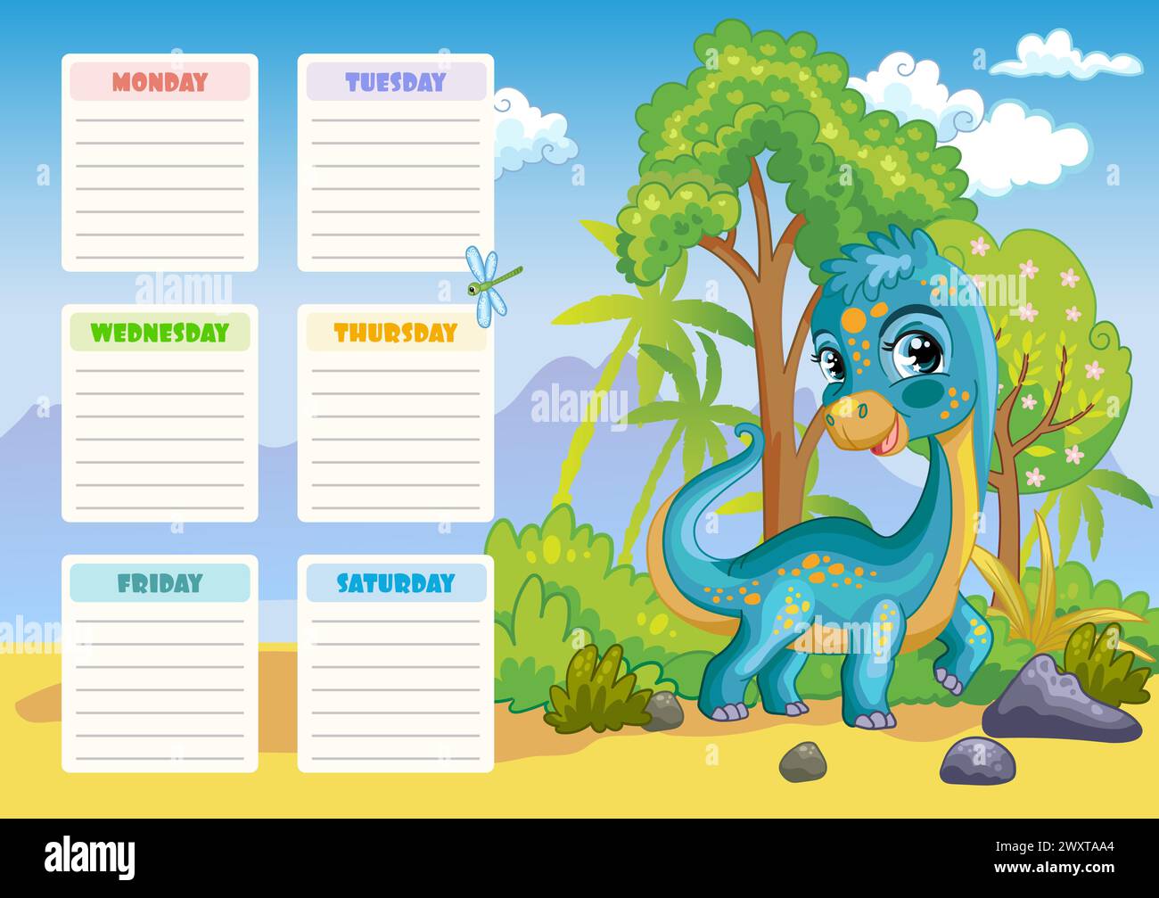 Cute blue dinosaur Diplodocus printable weekly planner vector Stock ...