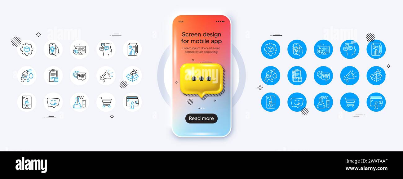 Chemistry lab, Accounting checklist and Megaphone box line icons. For web app, printing Vector ...