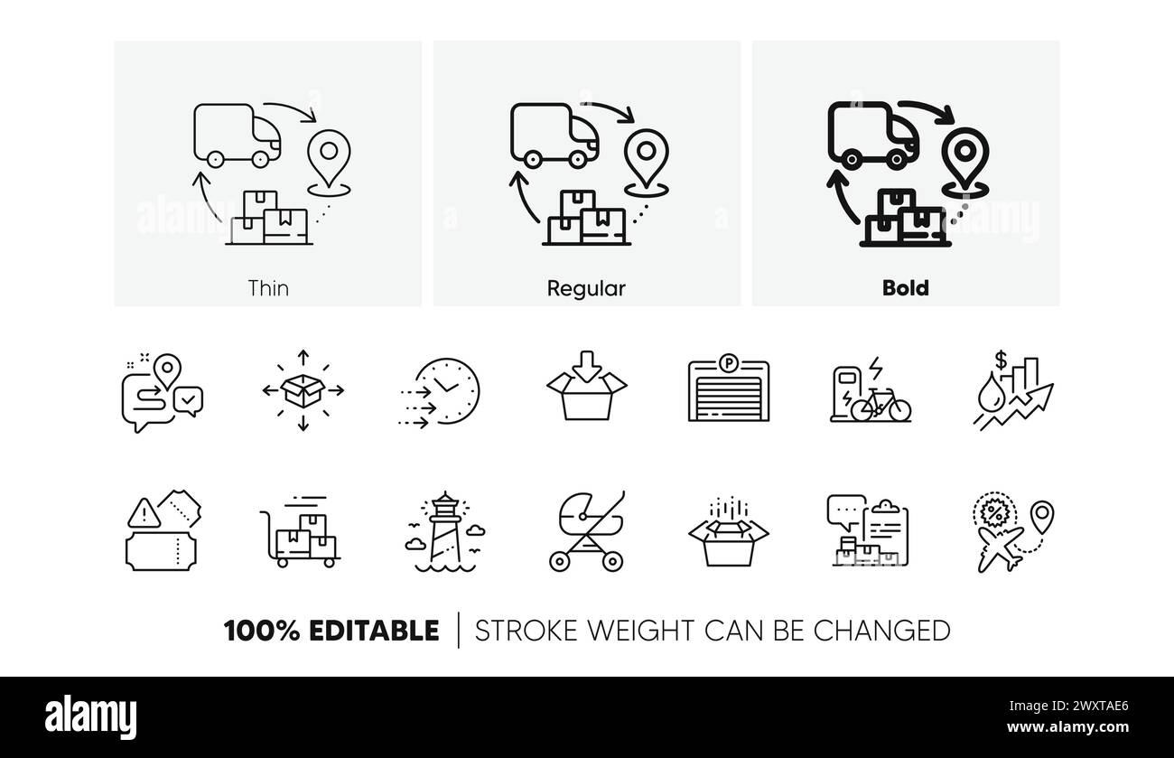 Get box, Supply chain and Parcel delivery line icons. For web app, printing. Line icons. Vector ...