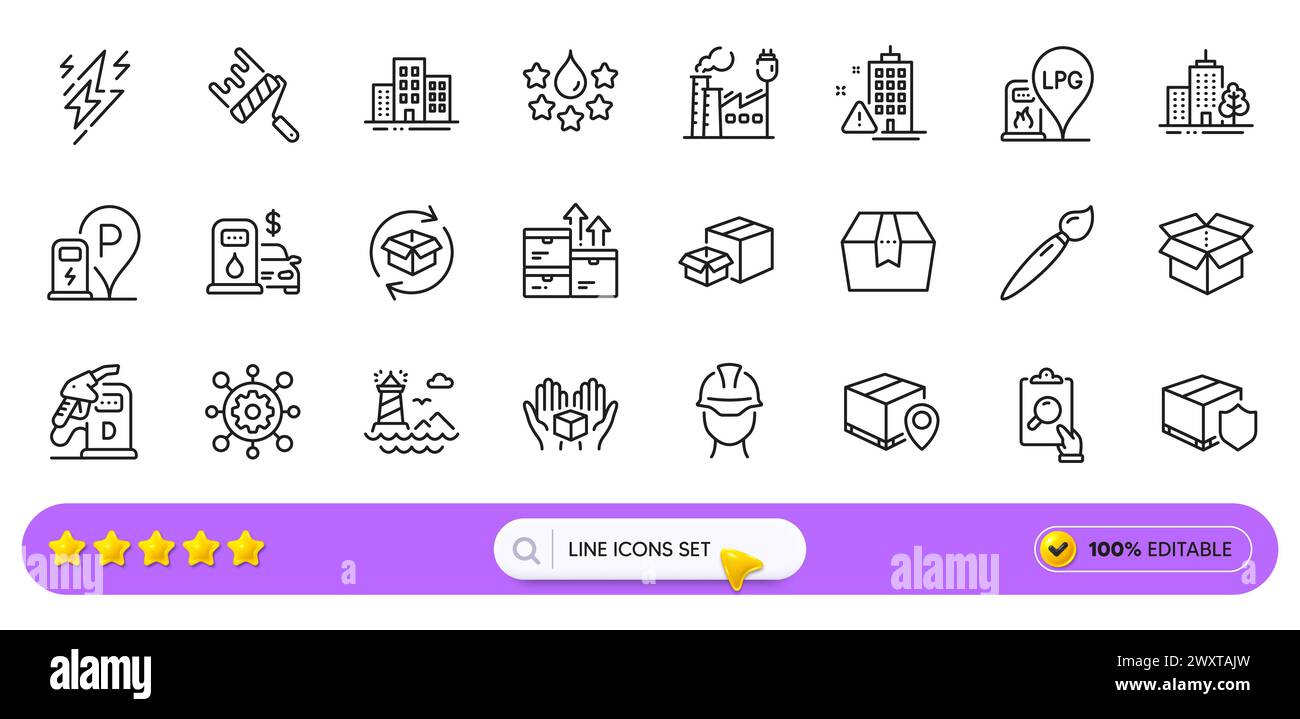 Filling station, Lighthouse and Buildings line icons for web app ... Filling station, Lighthouse and Buildings line icons for web app ...