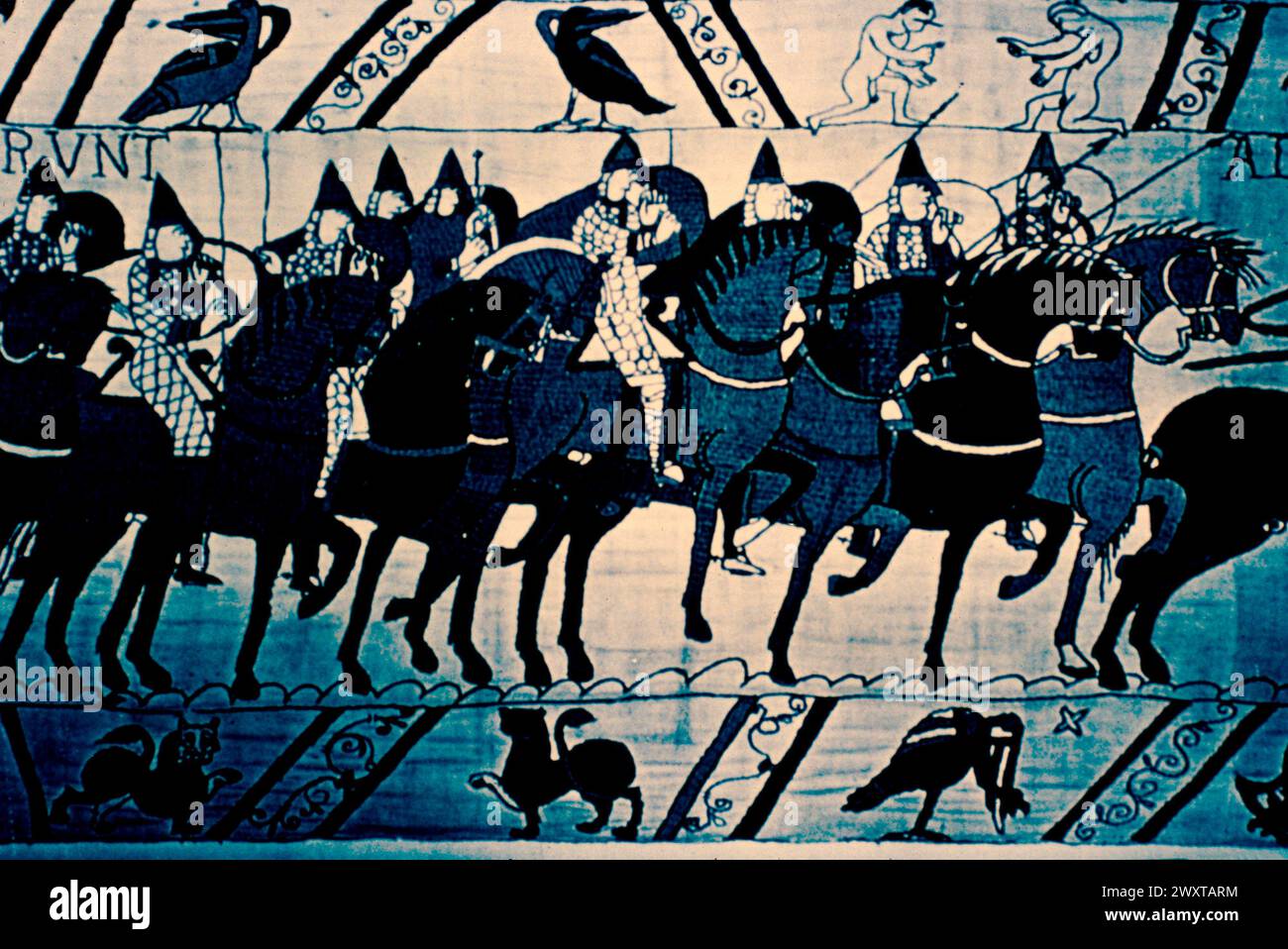 The Bayeux Tapestry showing the Norman cavalry marches to Hastings ...