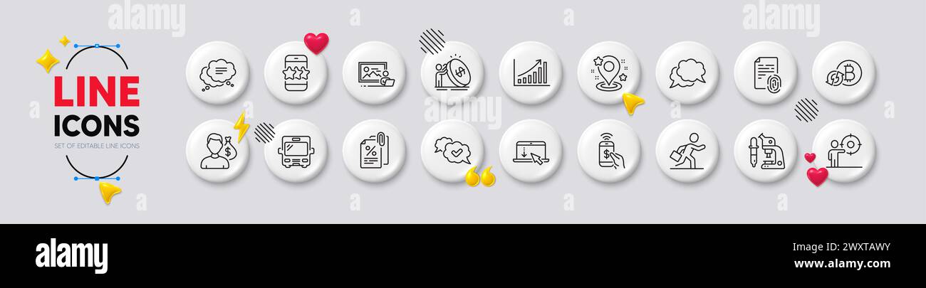 Inflation, Salary and Bus line icons. For web app, printing. White buttons 3d icons. Vector ...