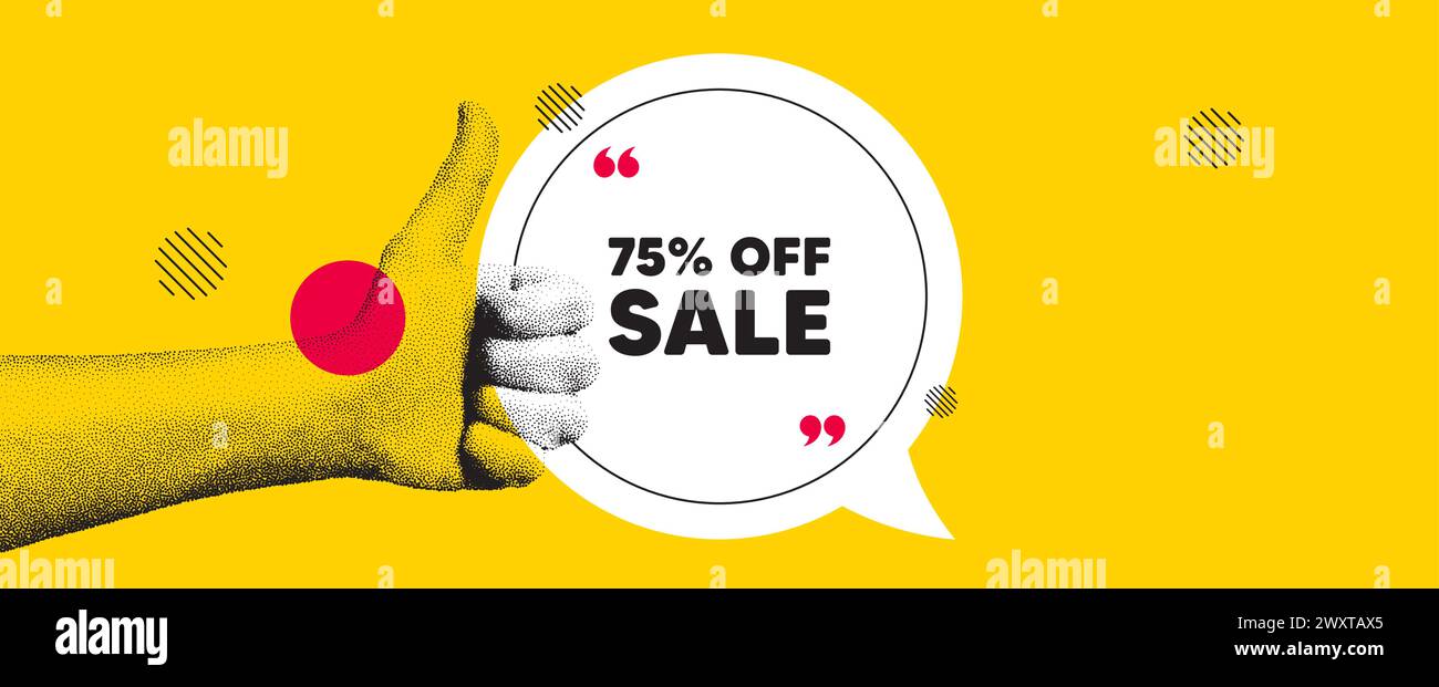Sale 75 percent off discount. Promotion price offer sign. Hand showing ...