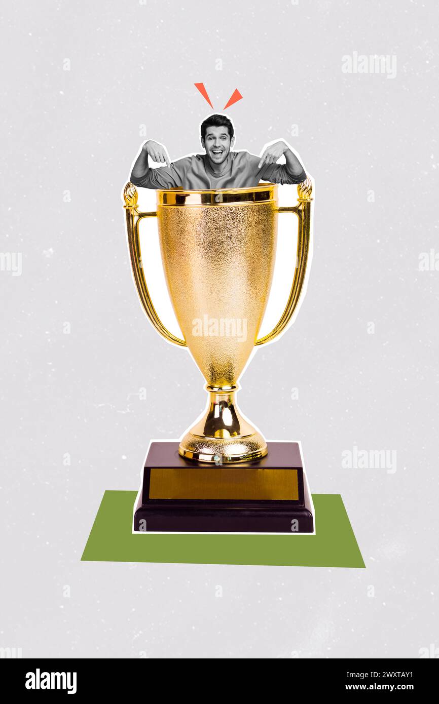 Vertical collage picture young man showing finger gesture prize golden ...