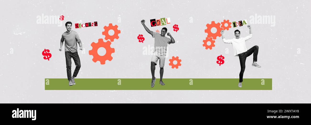 Creative panoramic photo collage happy three men celebrate success idea ...