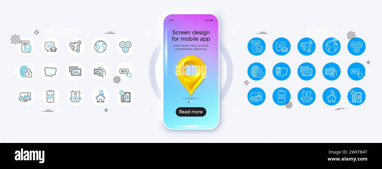 Chat message, Video conference and World planet line icons. For web app ...