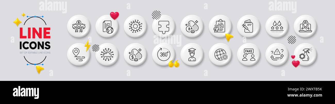 360 degrees, Place and Attention line icons. For web app, printing. White buttons 3d icons ...