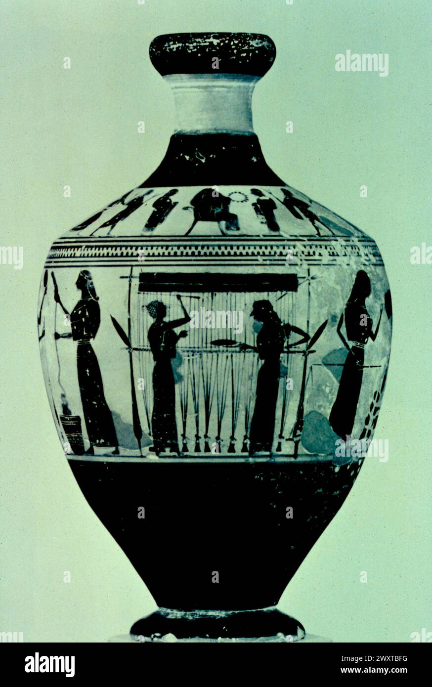 Women spinning and weaving, painting on ancient Greek oil jug, Greece ...