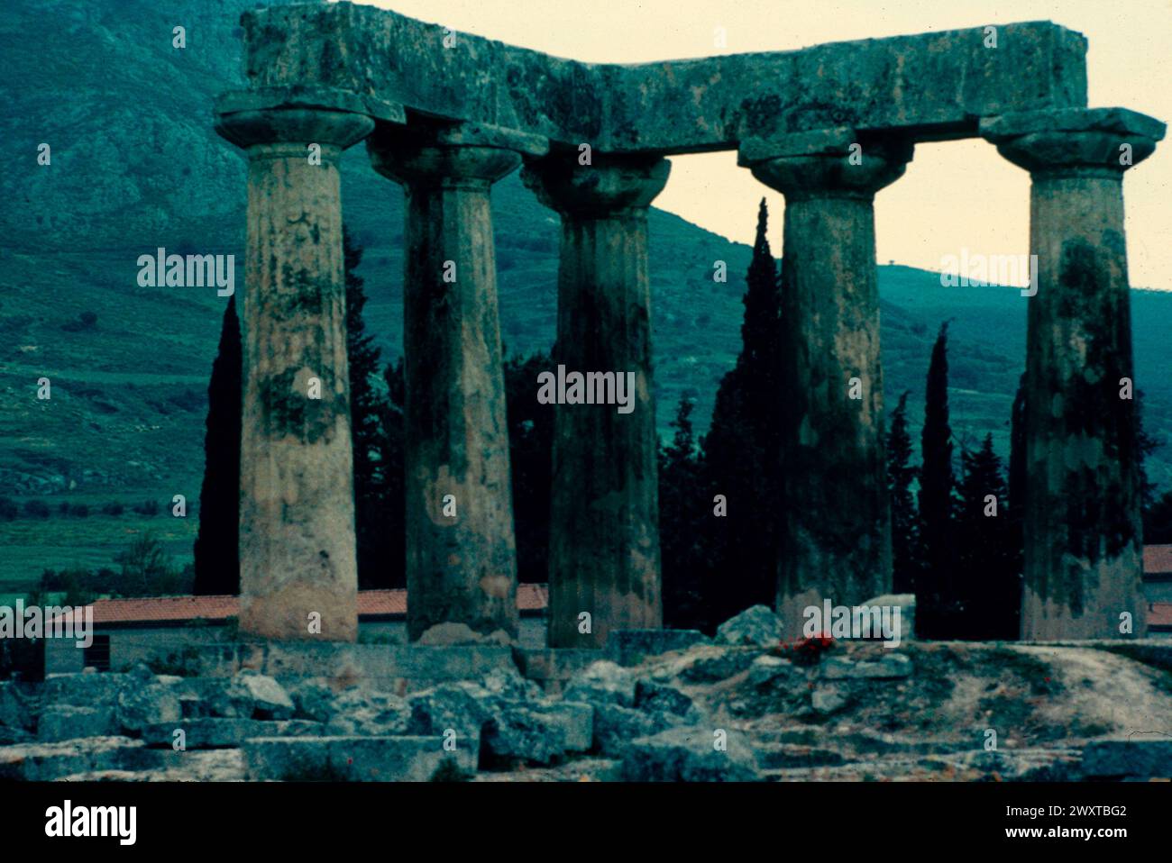 View of the remains of the Temple of Apollo at Corinth, Greece 1980s ...