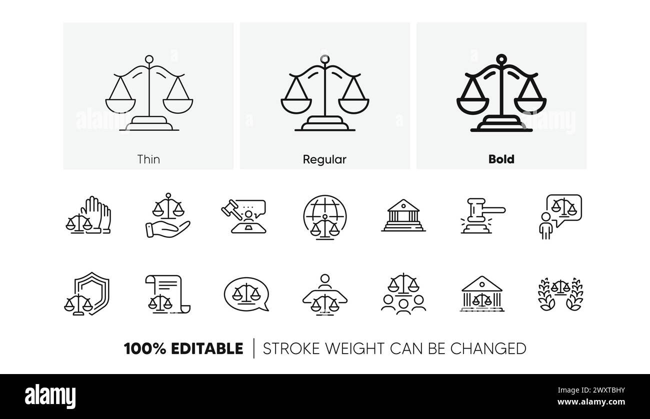 Court line icons set. Judge, Scales of Justice and Lawyer. Hammer, Law ...