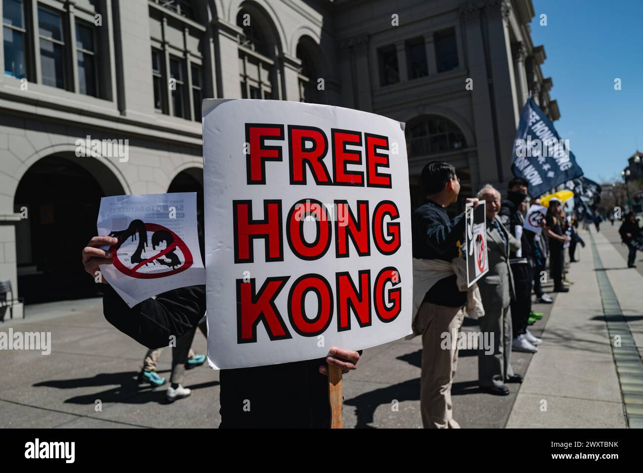 A group of protesters gathered in San Francisco, waving flags and ...