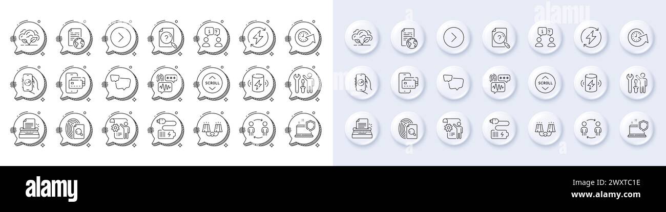 Scroll down, Update time and Repairman line icons. For web app, printing. Line icons. Vector ...