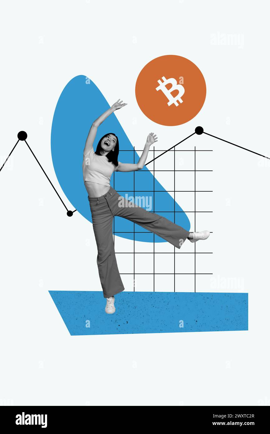 Vertical creative photo collage young cheerful happy girl overjoyed ...