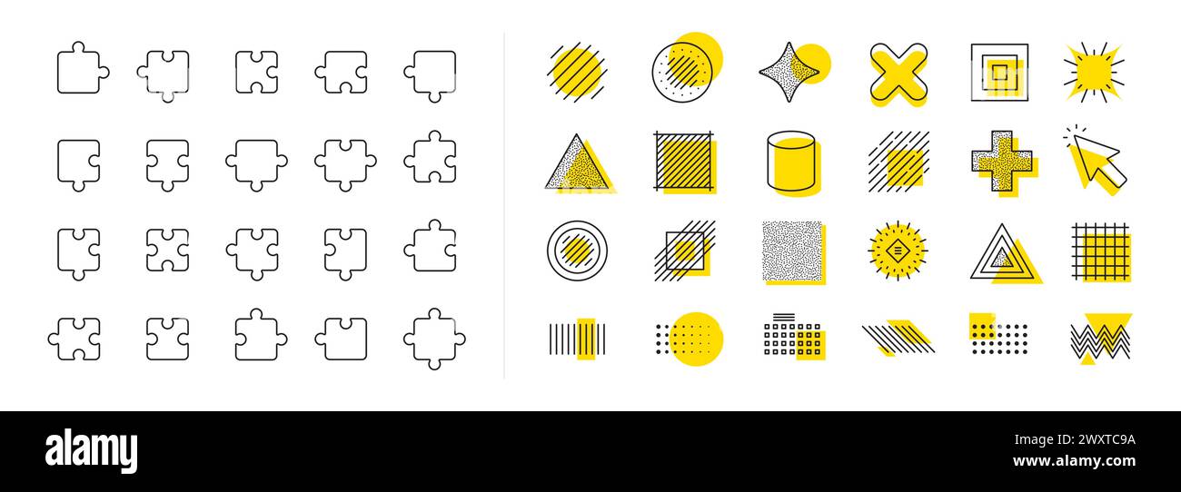 Puzzle line icons. Jigsaw Challenge, Strategy, Puzzle pieces icons. Fun ...