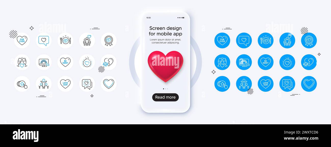 Heart, Inclusion and Friends chat line icons. For web app, printing. Phone mockup with 3d heart ...