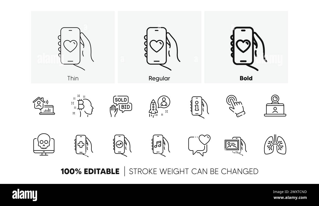 Dating app, Cyber attack and Bitcoin think line icons. For web app, printing. Line icons. Vector ...