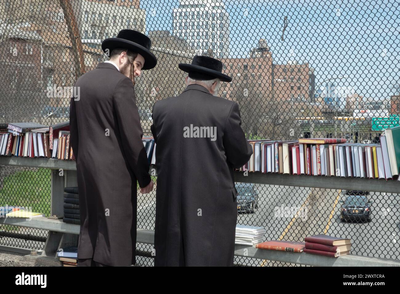 On a warm early spring day orthodox Jewish men shop at a pop up store ...