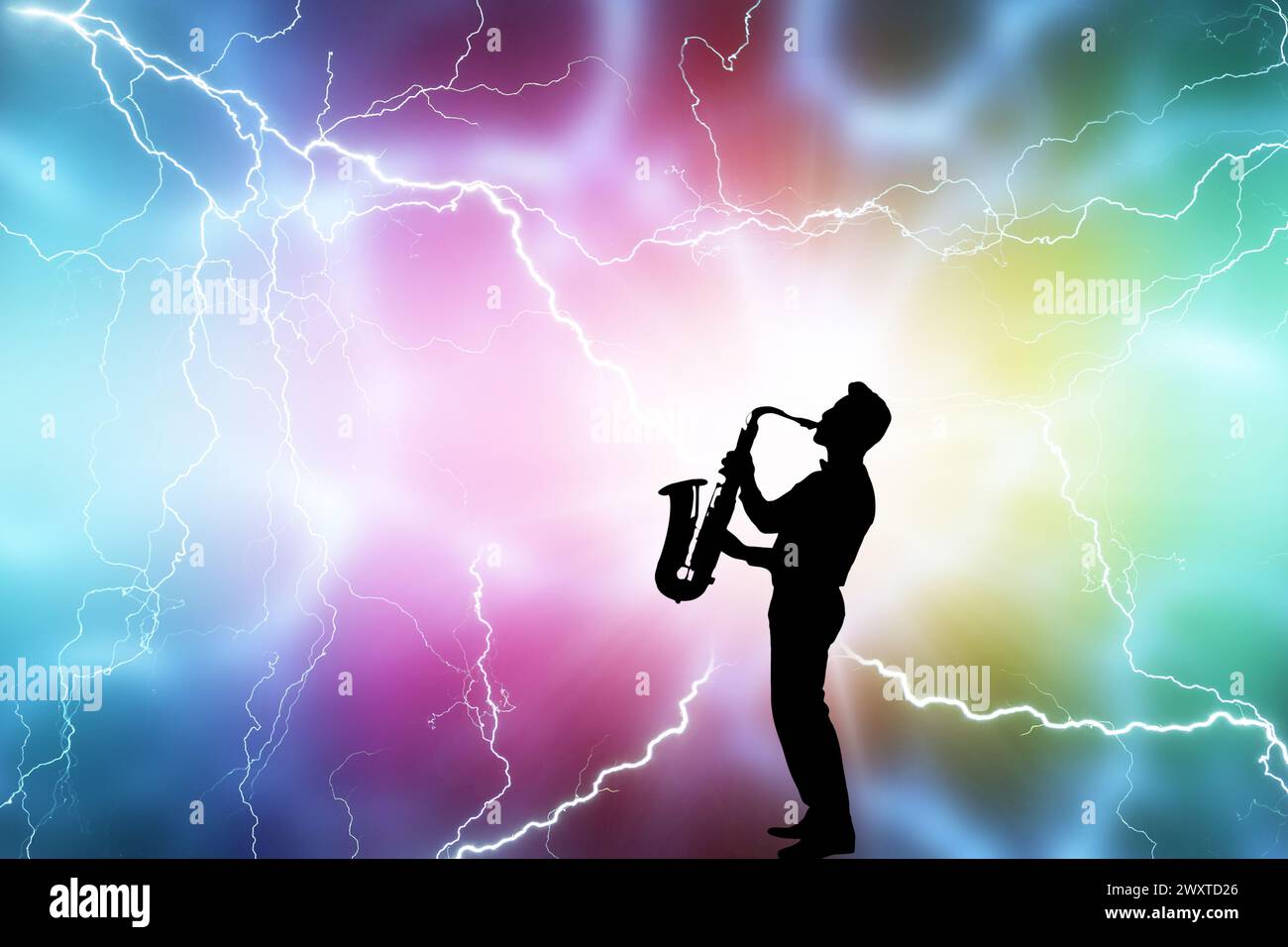 silhouette of a man playing a saxophone over a colorful background with ...