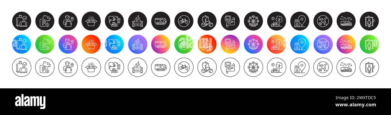 Parking Security Bike Timer And Elevator Line Icons For Web App Printing Round Icon Buttons