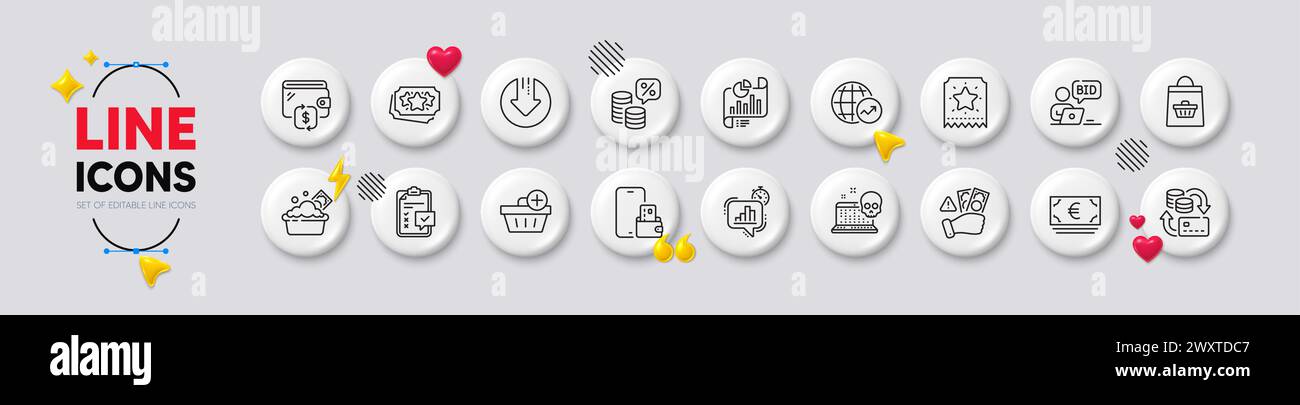 Loyalty points, Report document and Phone wallet line icons. For web app, printing. White ...