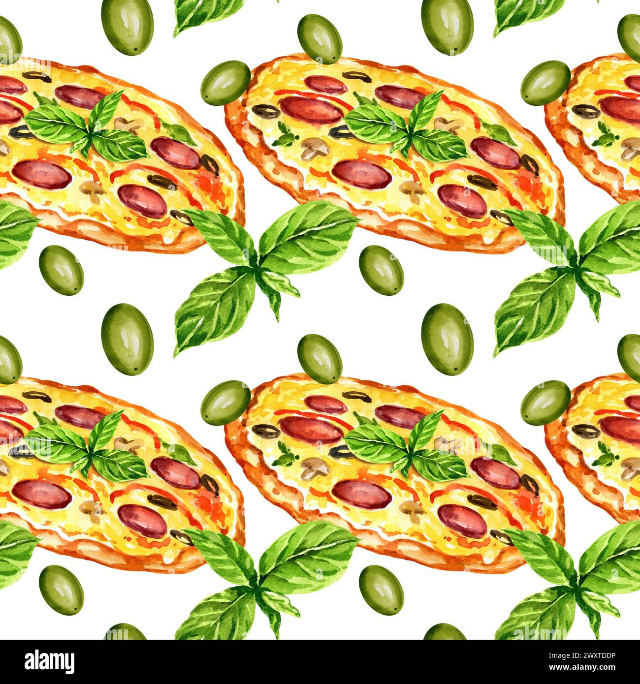 watercolor seamless pattern with Italian fresh hot delicious pizza with ...