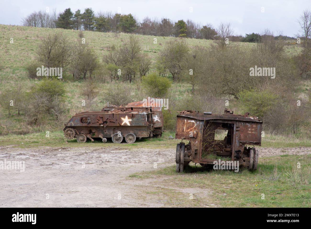 Rusted old tanks. Lost village of Imber Stock Photo - Alamy