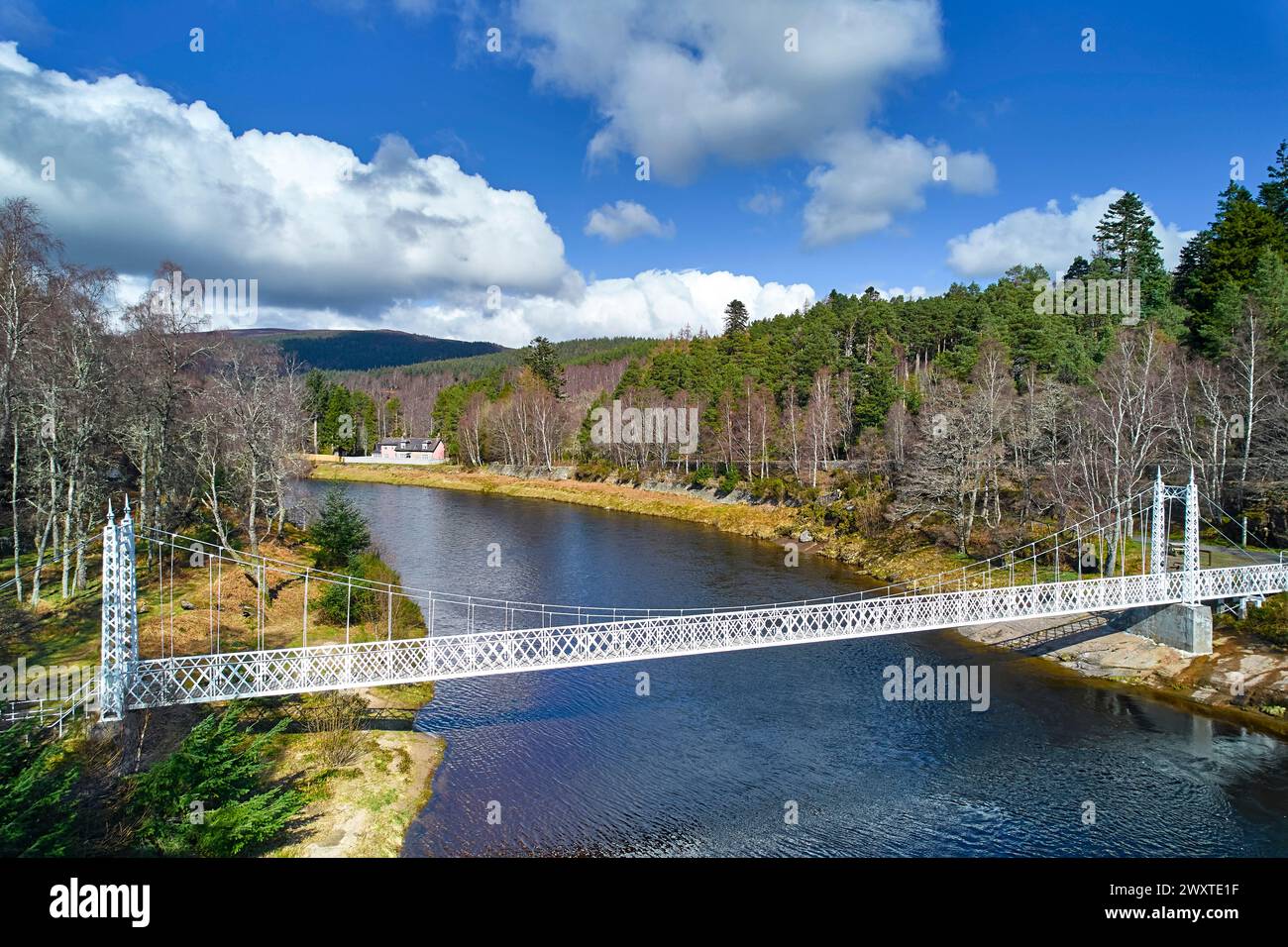 River Dee Aberdeenshire Scotland Cambus O May blue sky and white metal ...