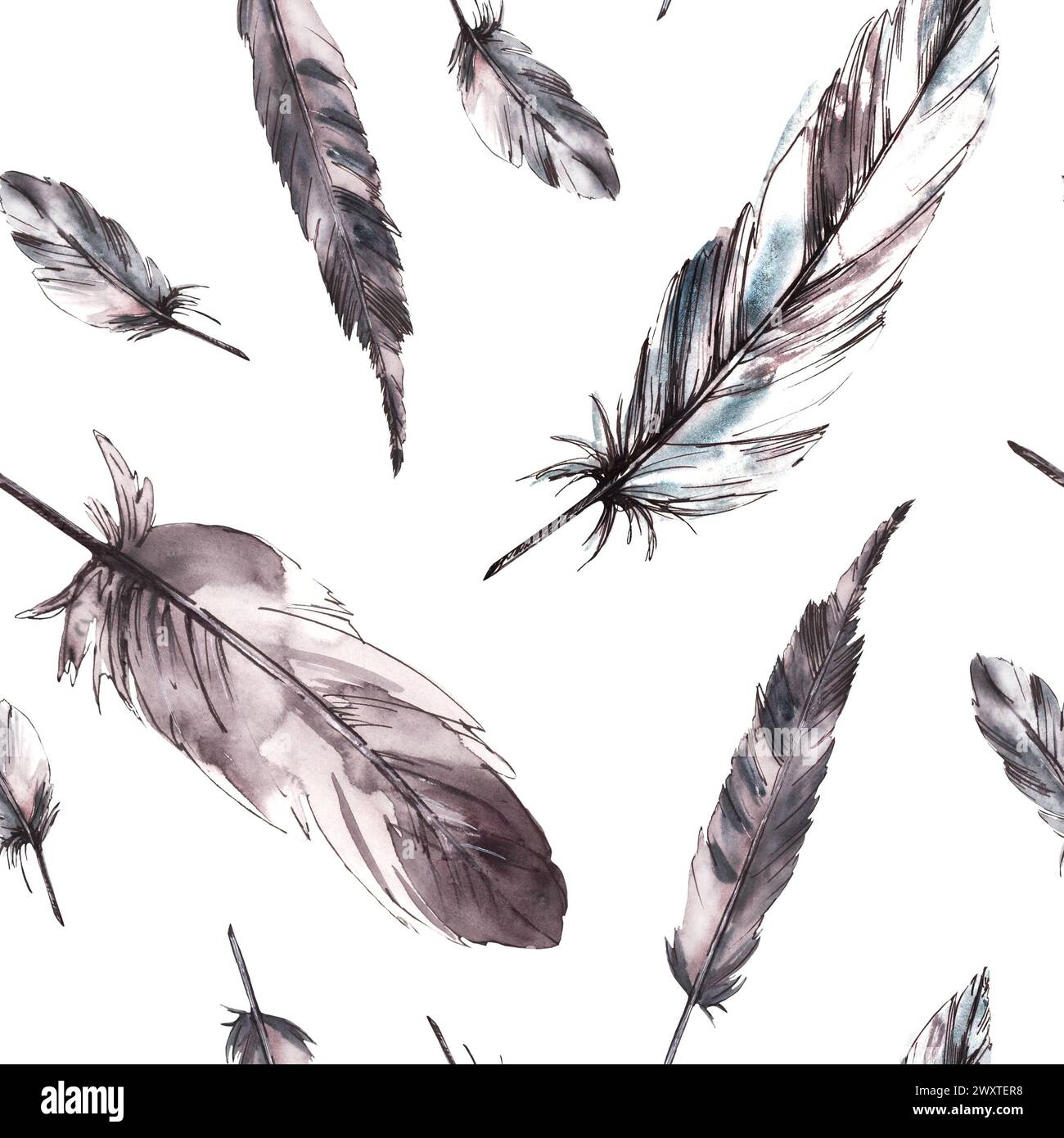 Watercolor bird feathers seamless pattern with monochrome feathers ...