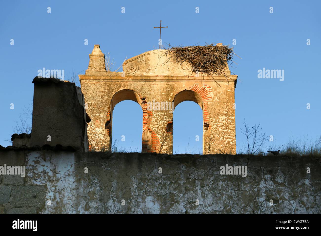 Stone nest on remains of antique church in the old town of Merida Stock ...