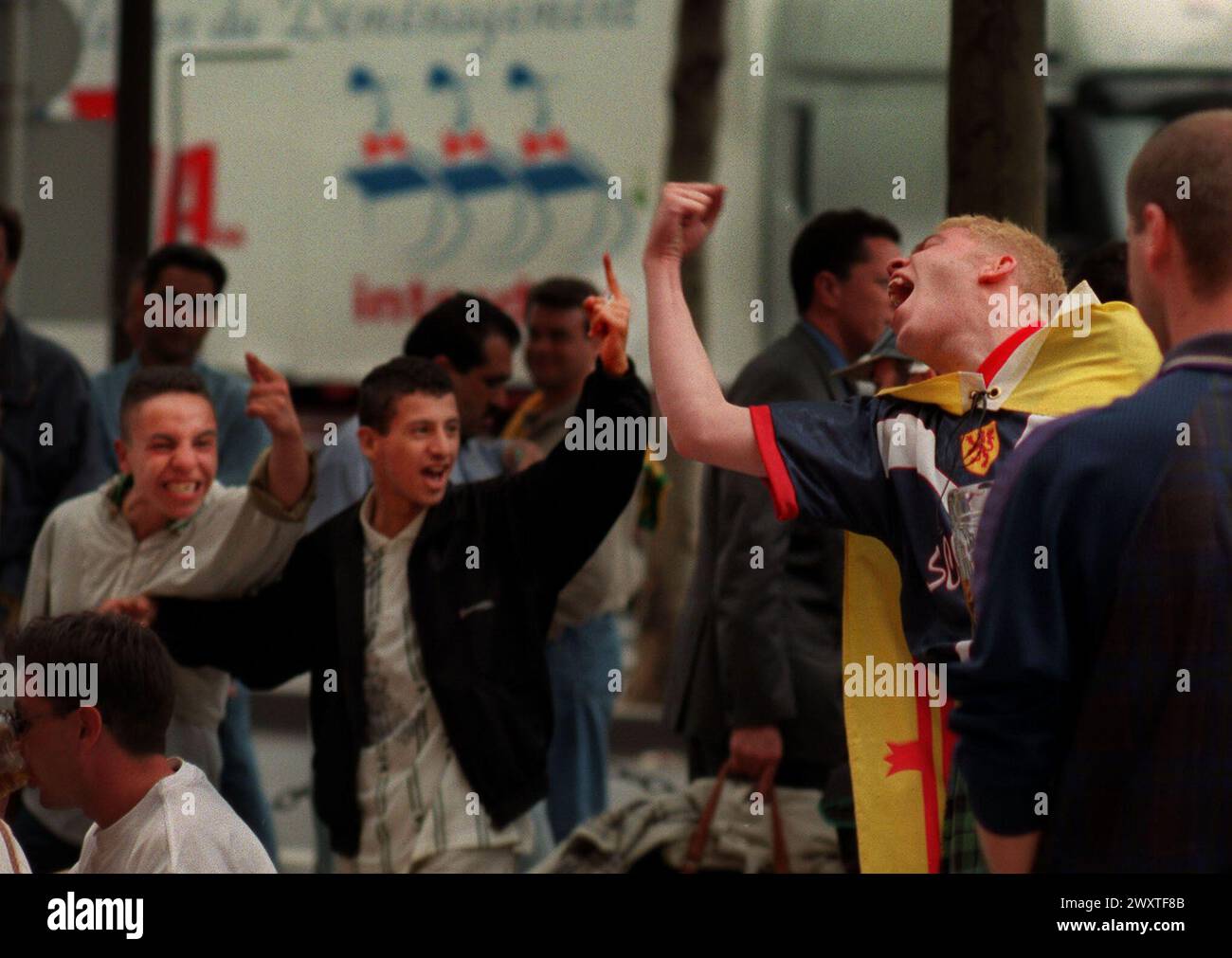 SCOTISH AND BRAZILIAN SUPPORTERS GOAD EACH OTHER IN A FRIENDLY EXCHANGE ...