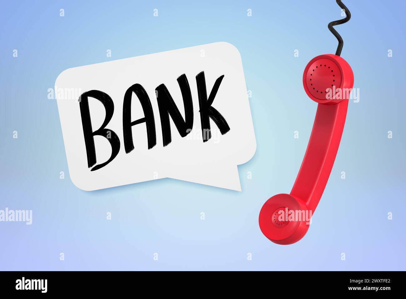 Red phone receiver and bank text in speech bubble Stock Photo - Alamy