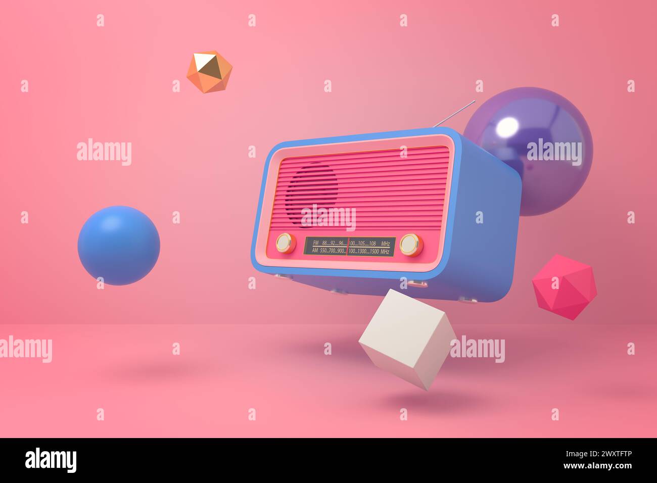 3D floating radio with colorful shapes Stock Photo - Alamy