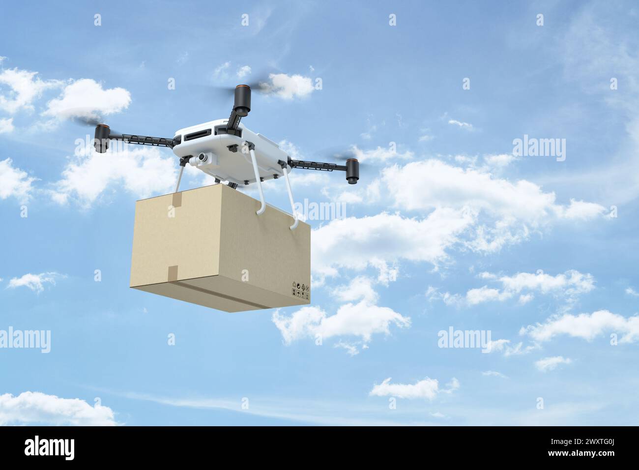 3d rendering of white drone carrying cardboard box on blue sky ...