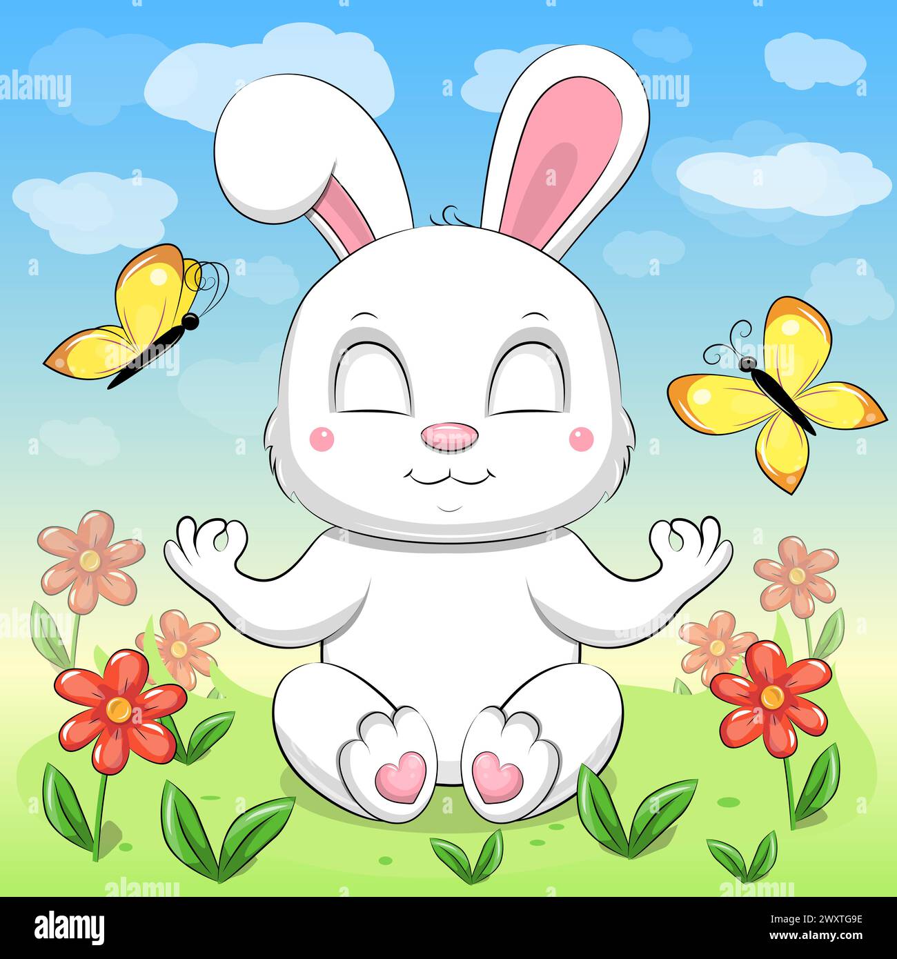 A cute cartoon white rabbit is meditating in nature. Vector ...