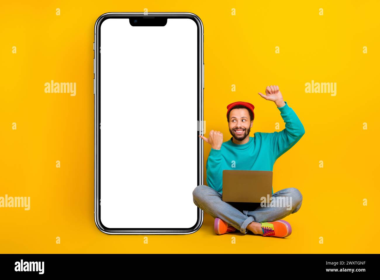 Full size photo of interested guy sitting with laptop indicating look ...