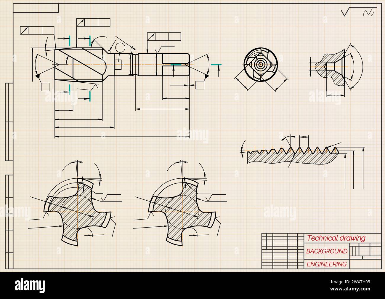 Mechanical engineering drawings on sepia background. Tap tools, borer ...