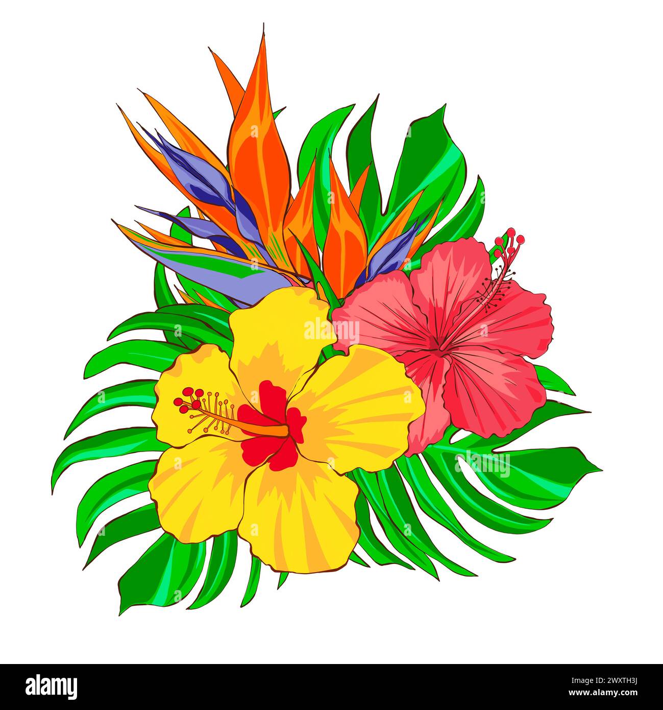 Bouquet of tropical flowers, hand drawn illustration isolated on white ...