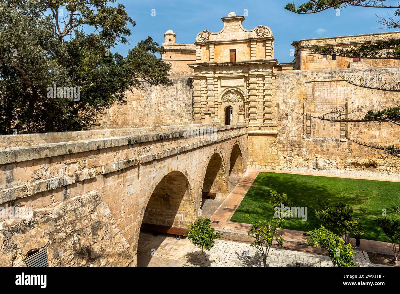 Entrance bridge and gate to Mdina, a fortified medieval city in the ...