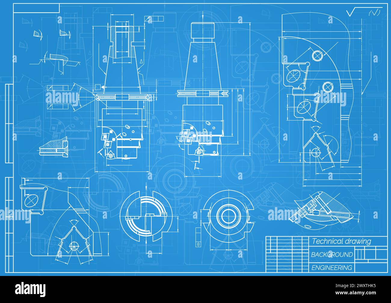 Mechanical engineering drawings on blue background. Tap tools, borer ...