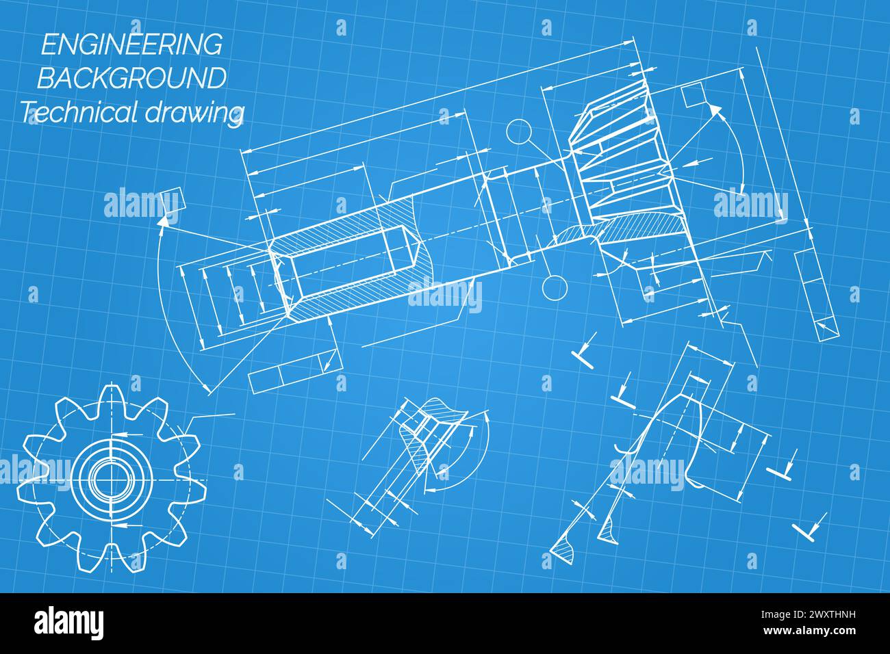 Mechanical engineering drawings on blue background. Tap tools, borer ...