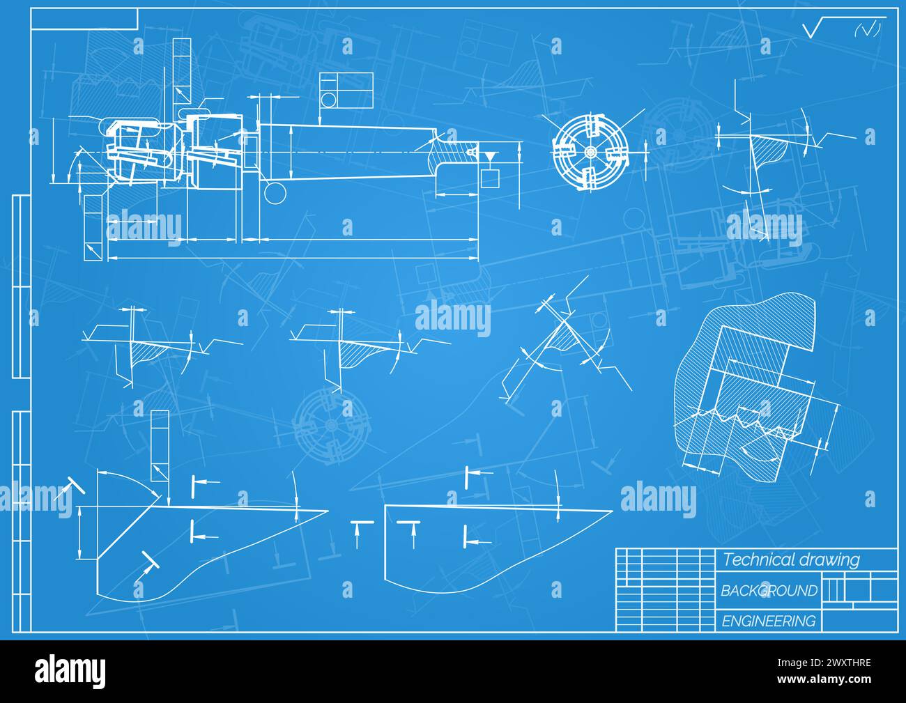 Mechanical engineering drawings on blue background. Tap tools, borer ...