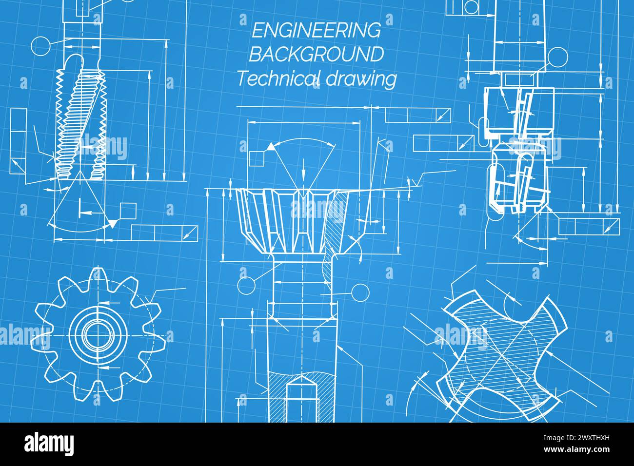 Mechanical engineering drawings on blue background. Tap tools, borer ...