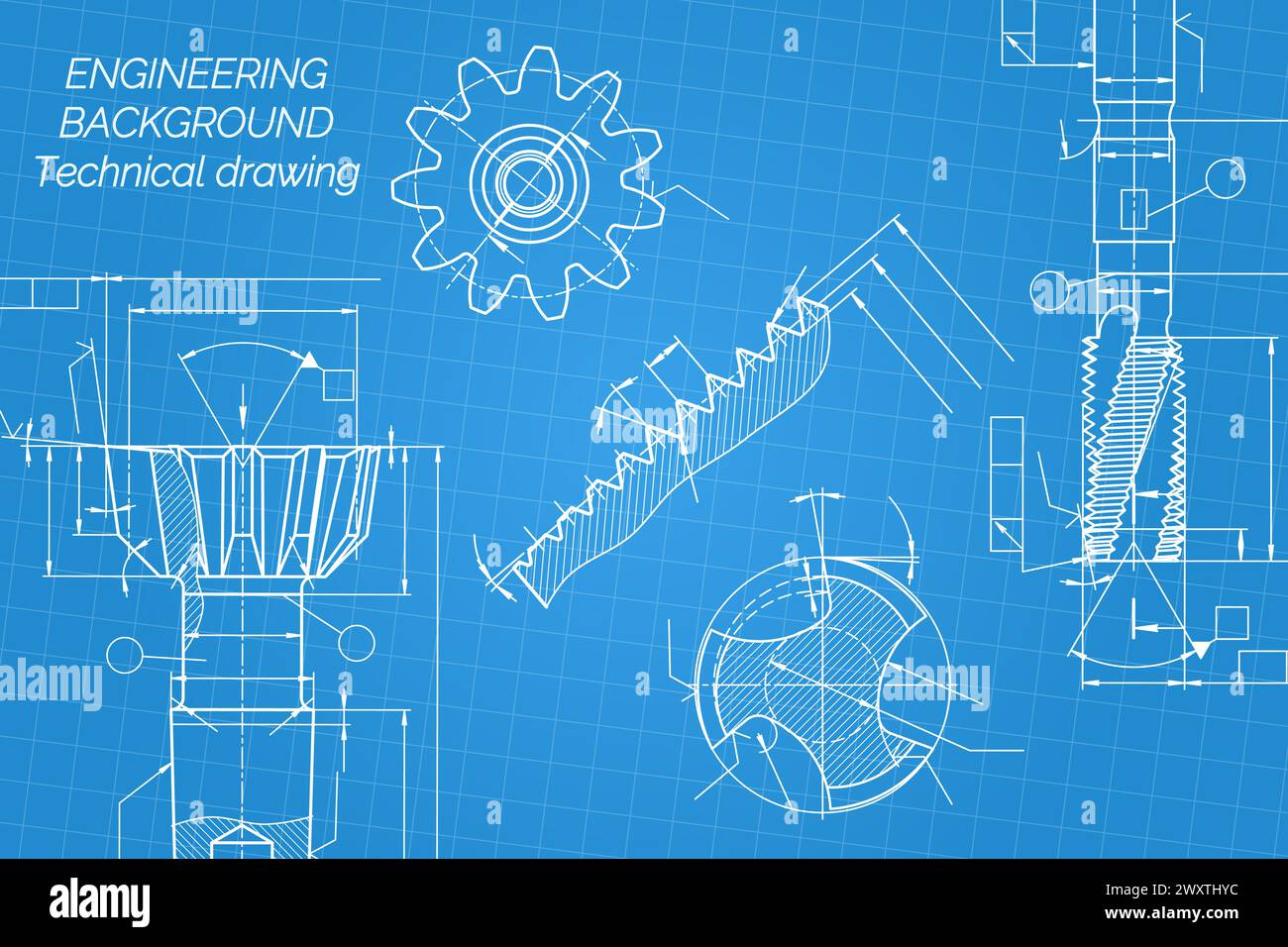 Mechanical engineering drawings on blue background. Tap tools, borer ...