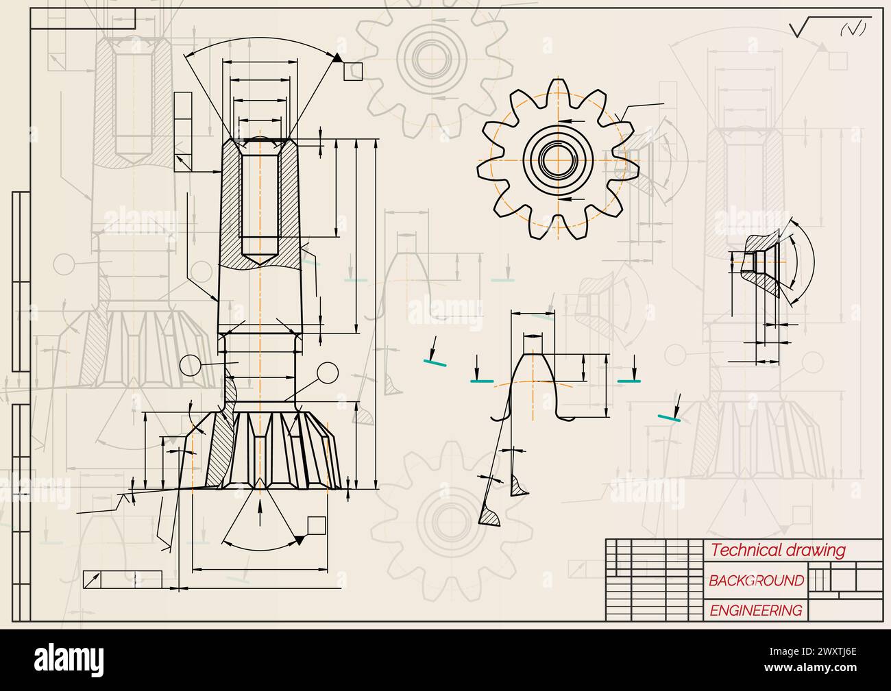 Mechanical engineering drawings on sepia background. Tap tools, borer ...