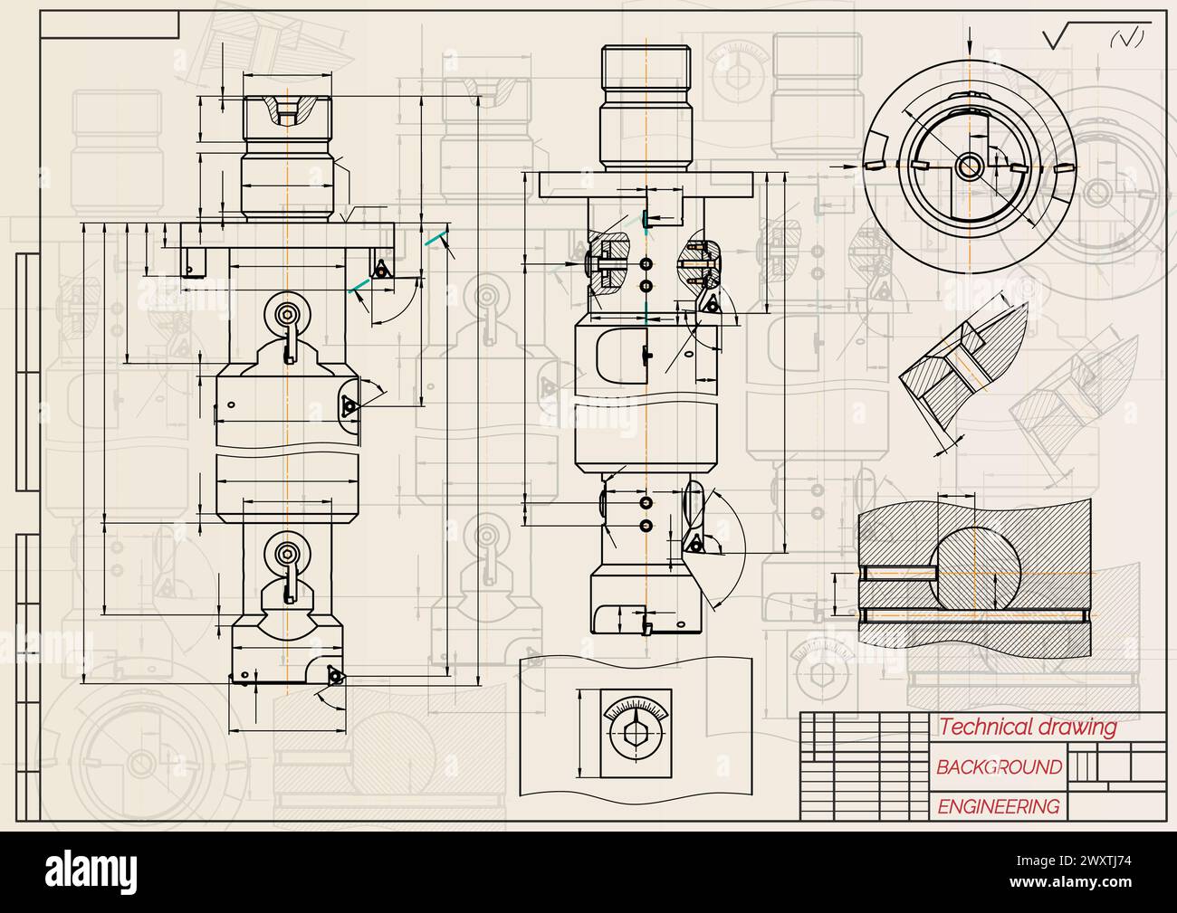 Mechanical engineering drawings on sepia background. Tap tools, borer ...