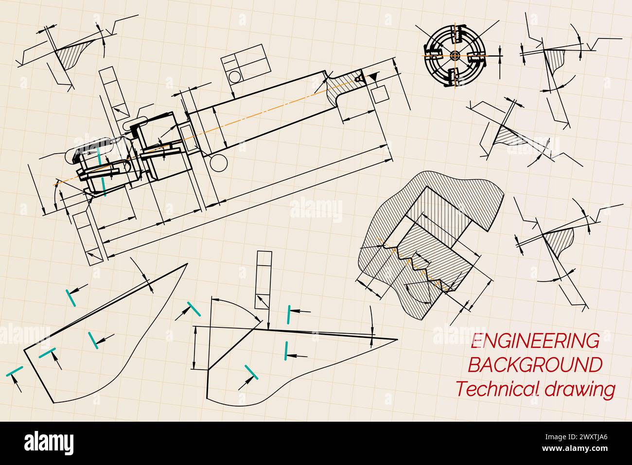 Mechanical engineering drawings on sepia background. Tap tools, borer ...