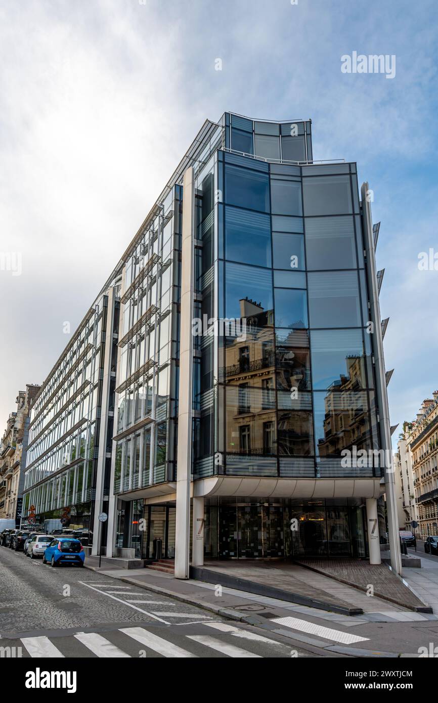 Exterior view of the building housing the headquarters of Unibail ...