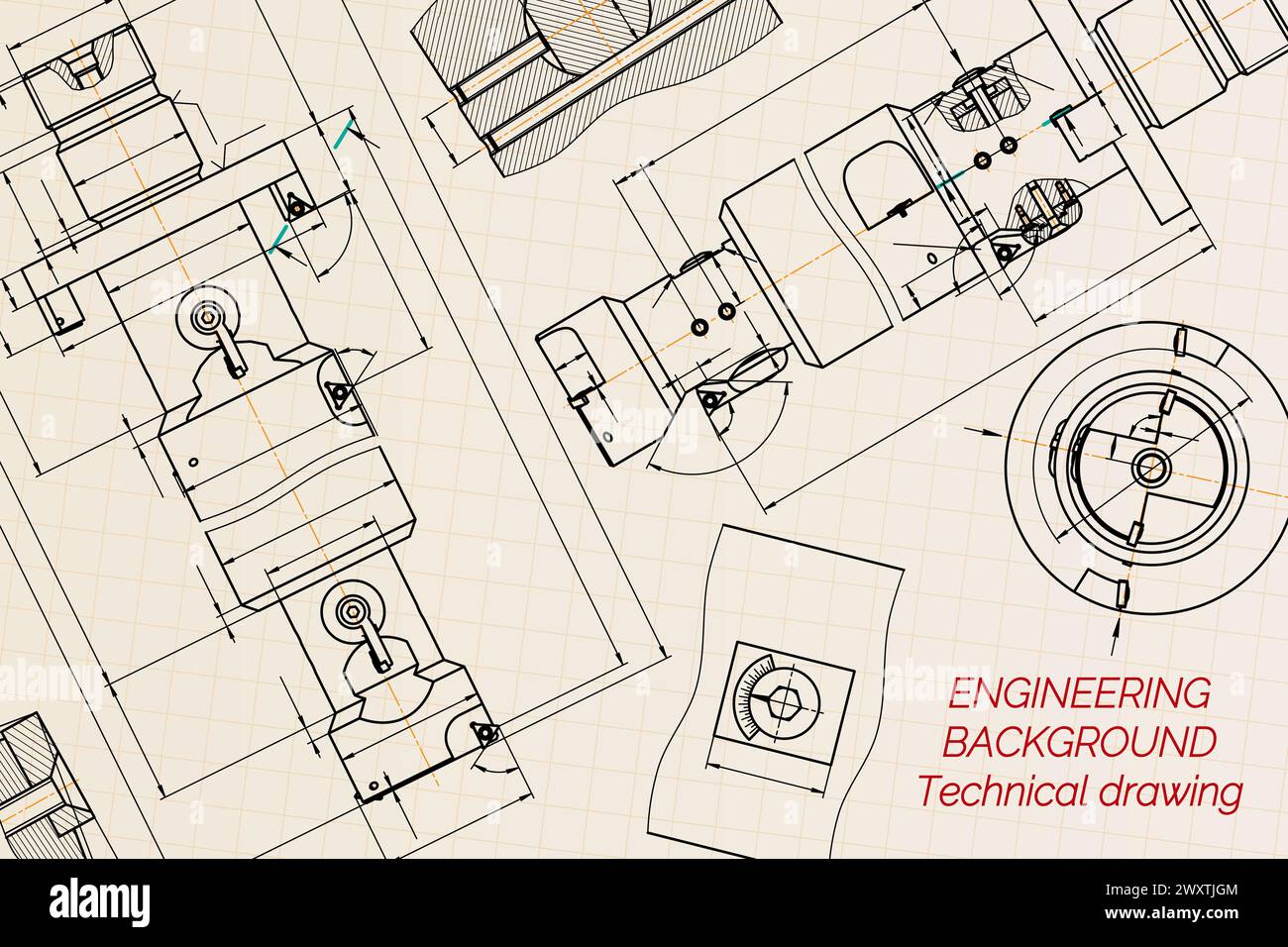 Mechanical engineering drawings on sepia background. Tap tools, borer ...